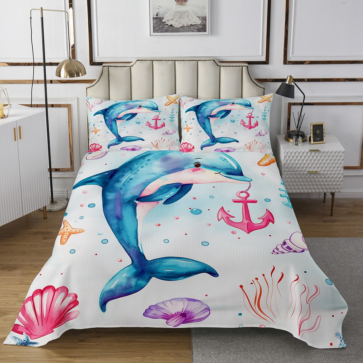 Cute Dolphin Quilt Set Queen Size, Kawaii Blue Dolphin Bedspread Set ...