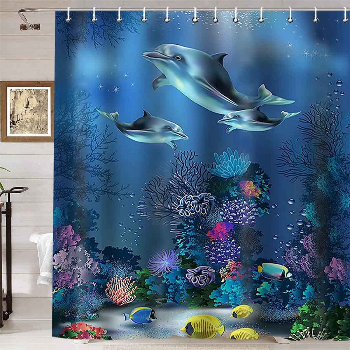 Cute Dolphin Shower Curtain, Blue Sea Underwater Cartoon Ocean Animals ...
