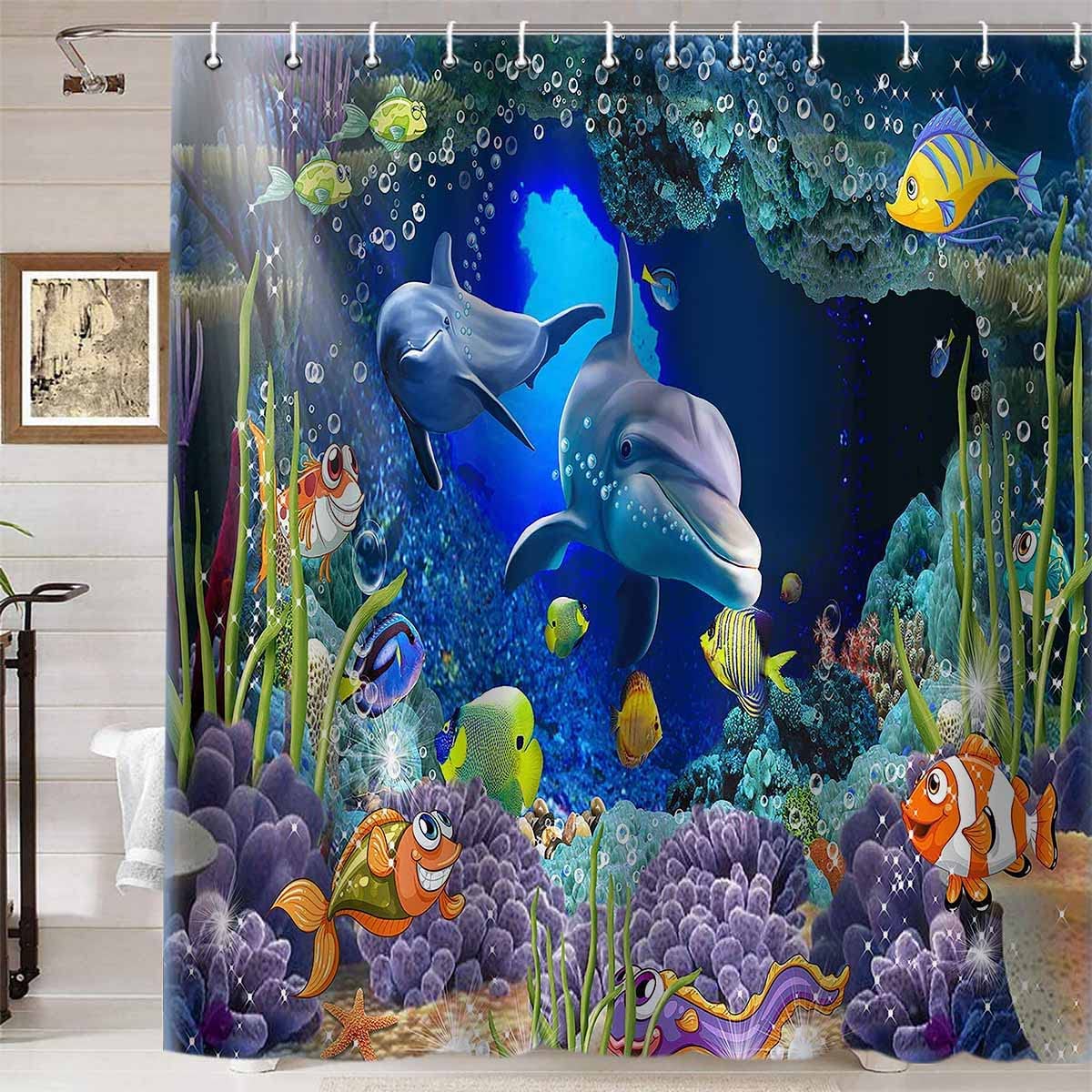 Cute Dolphin Shower Curtain, Cartoon Underwater Blue Sea Ocean Animals ...