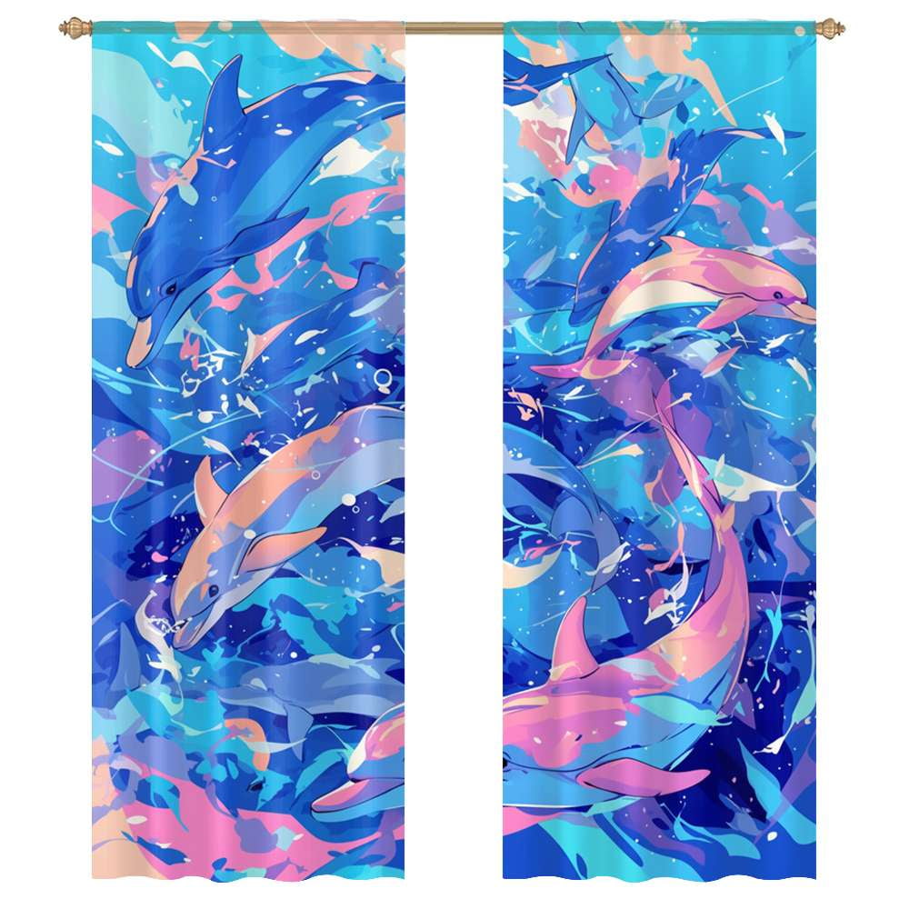 Cute Dolphins Tulle Curtains For Living Room Chiffon Sheer Voile ...