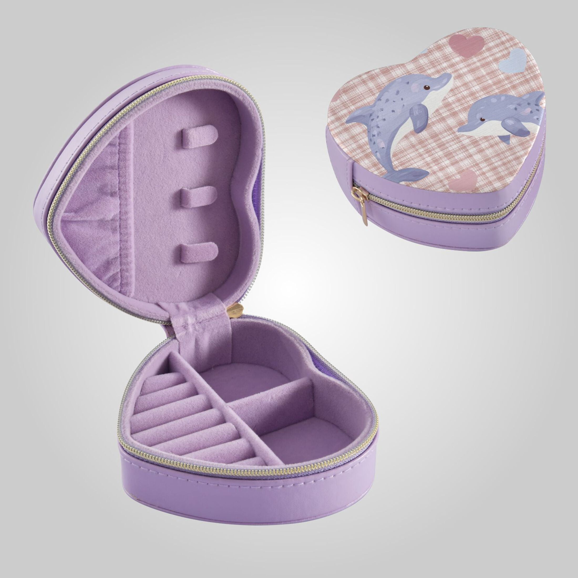 Cute Dolphins Valentine Hearts Plaids PU Leather Heart-shaped Jewelry ...