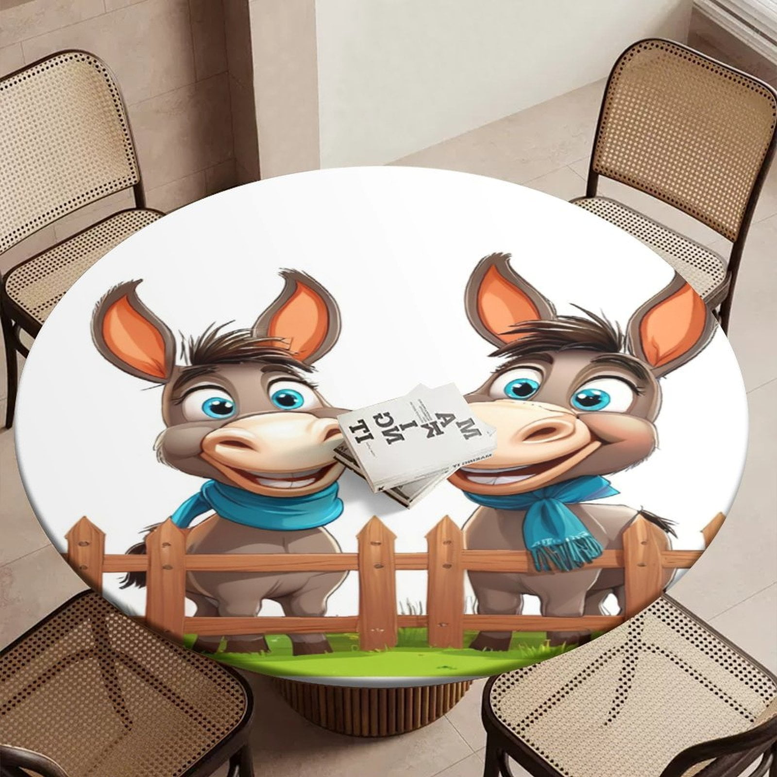 Cute Donkeys Fence Fun Round Table Cover Kitchen Printed Waterproof ...