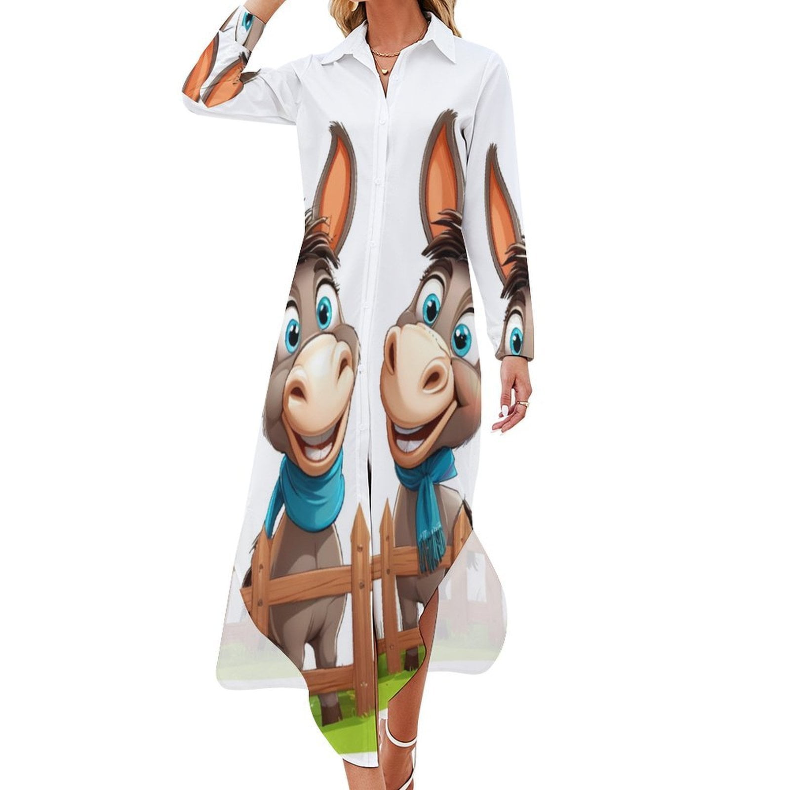 Cute Donkeys Fence Fun Shirt Dress Long Sleeve Street Fashion V Neck ...