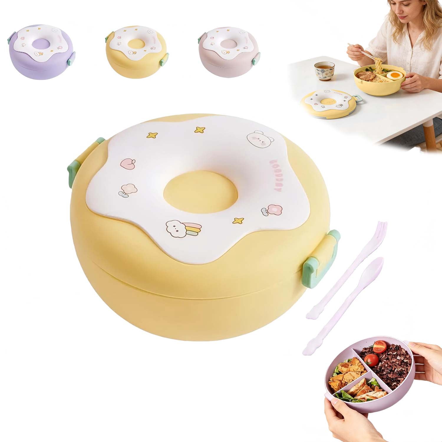 Cute Donut Bento Lunch Box, 3 Compartments Leakproof Food Container ...