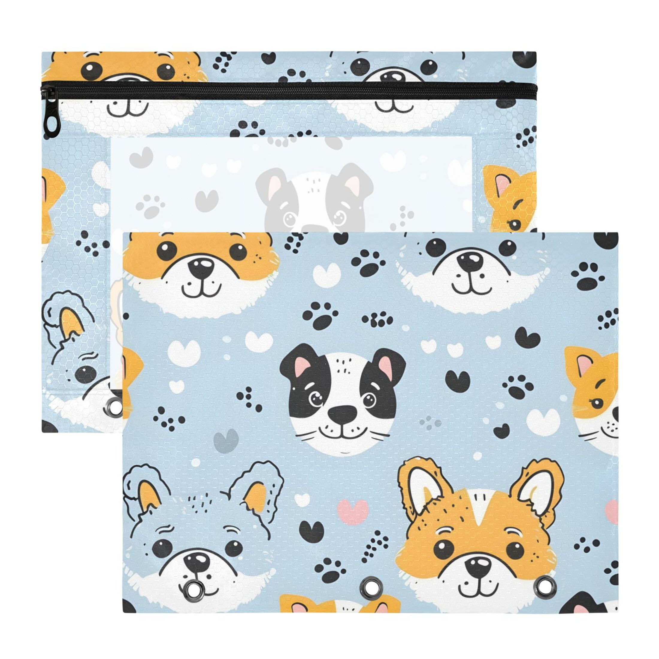 Cute Doodle Dogs Paw Prints Hearts 3-Ring Binder Pouches A4 Size Zipper ...