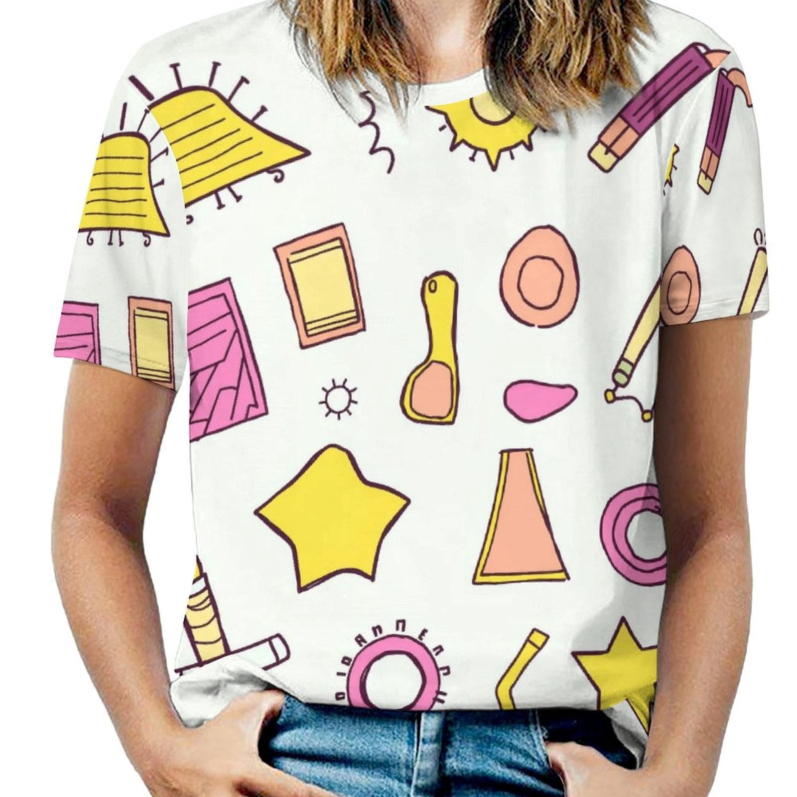 Cute Doodle Shapes T Shirt O Neck Overd T Shirts Short Sleeve Street ...