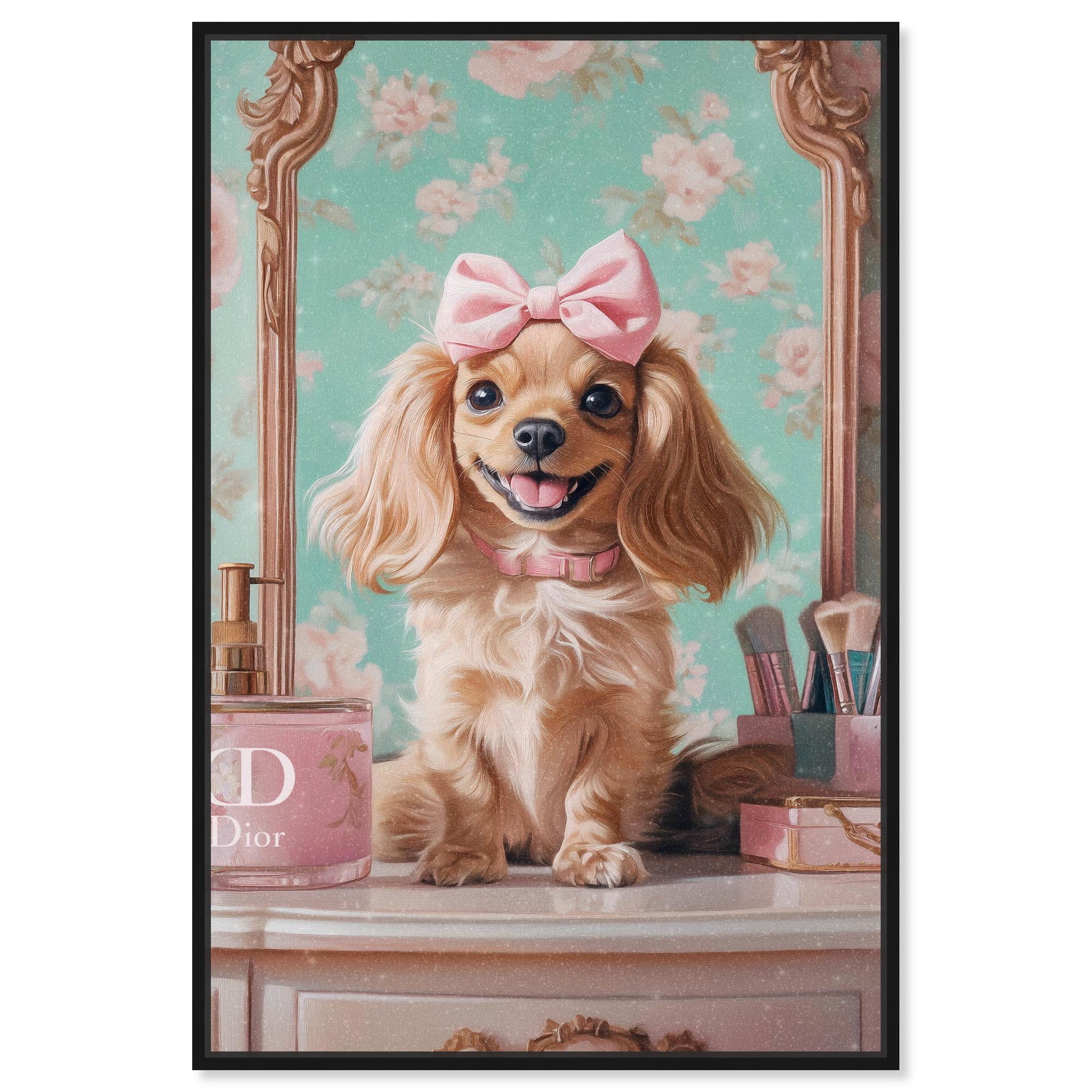 Cute Doxxie at the Vanity Canvas Cute Pets Art Prints by Art Remedy, Black Frame, 36 x 54 ...