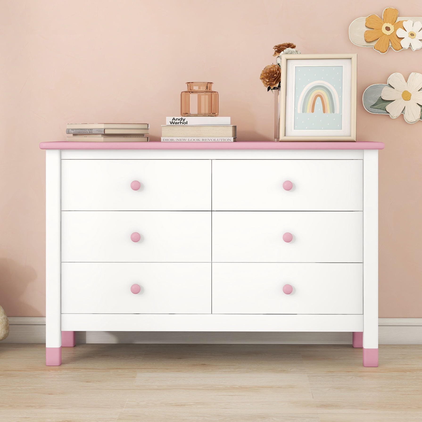 Cute Dresser with 6 Drawers for Bedroom Large Double Storage Dresser with 4 Round Legs Modern Chest of Drawers Organizer for Living Room Hallway Bedroom Kids Bedroom White Pink Walmart