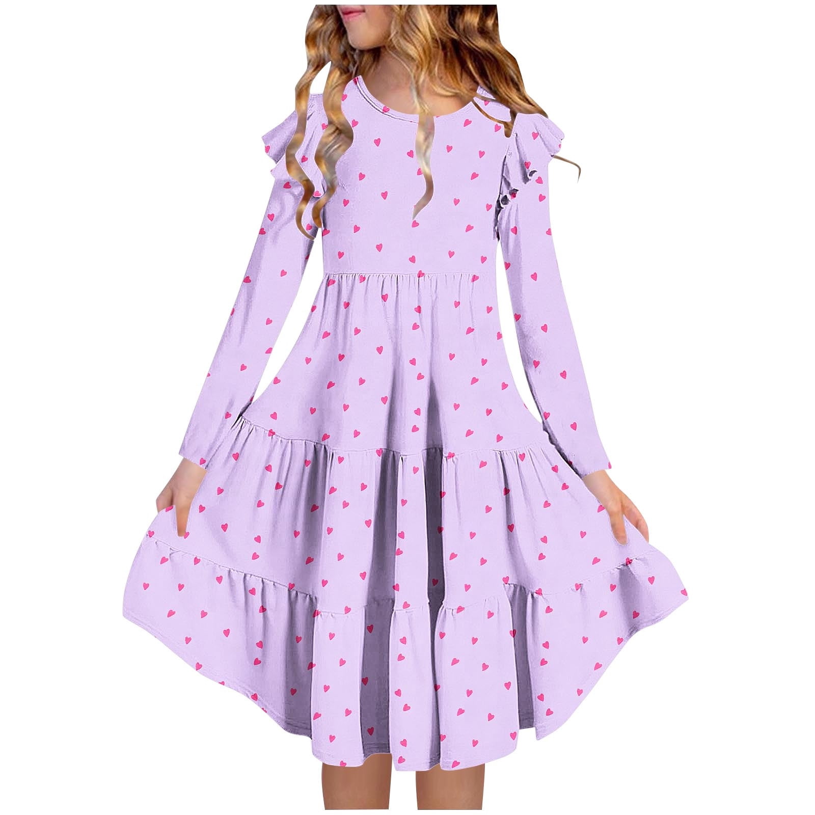 Cute Dresses for Girls Fashion Heart Printed Crewneck Princess Dress ...