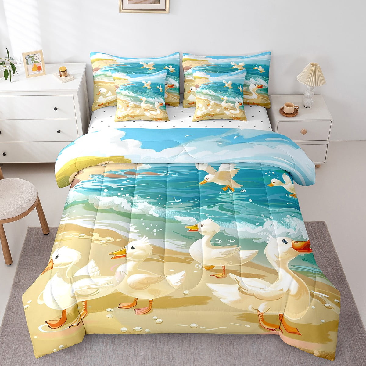 Cute Duck Bed in a Bag 7 Pieces Kids Summer Beach Bedding Set, Kawaii ...