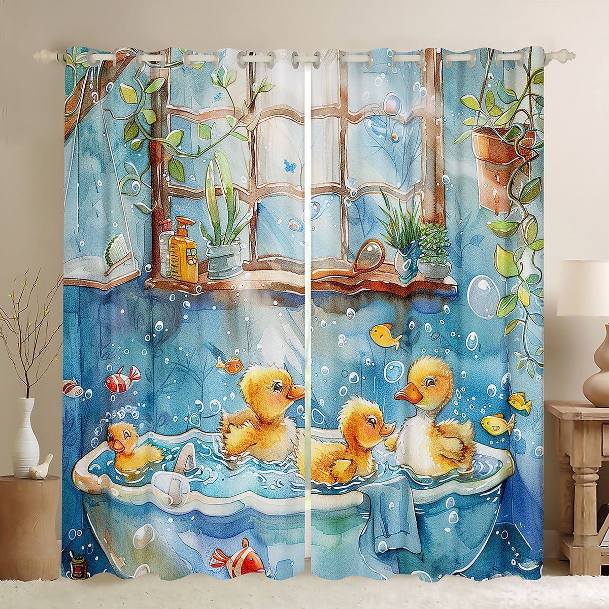 Cute Duck Curtains,Underwater Animals Window Curtain Teens Room Decor ...