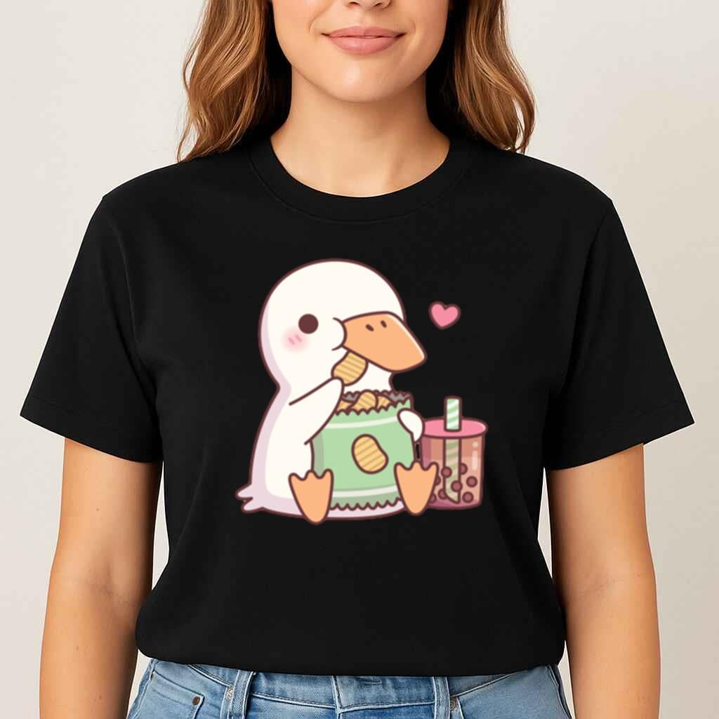 Cute Duck Loves Potato Chips And Boba Tea Funny Art For Unisex T-Shirt ...