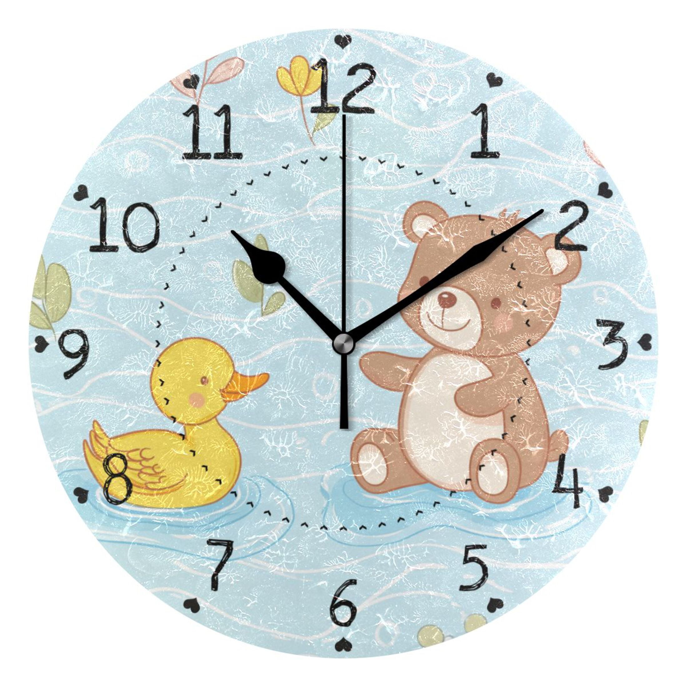 Cute Duck Play with Bear in Water Round Wall Clock Silent Analog ...