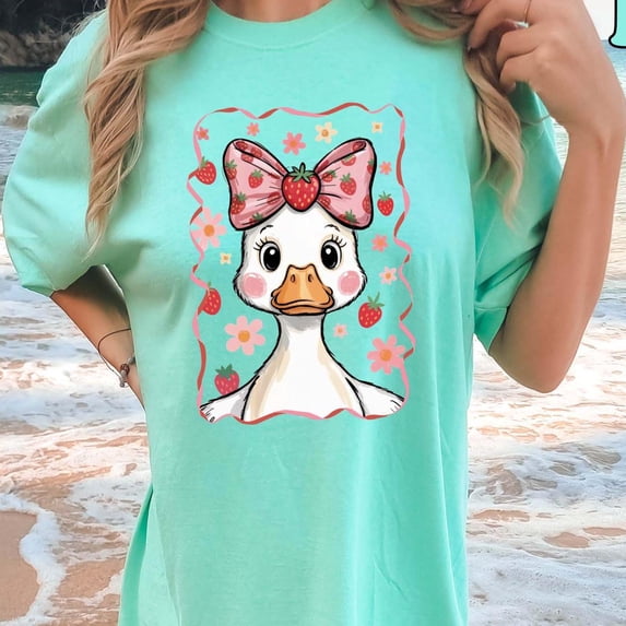 Cute Duck Strawberry Bow Shirt Kawaii Farm Animal Graphic Tee Soft ...