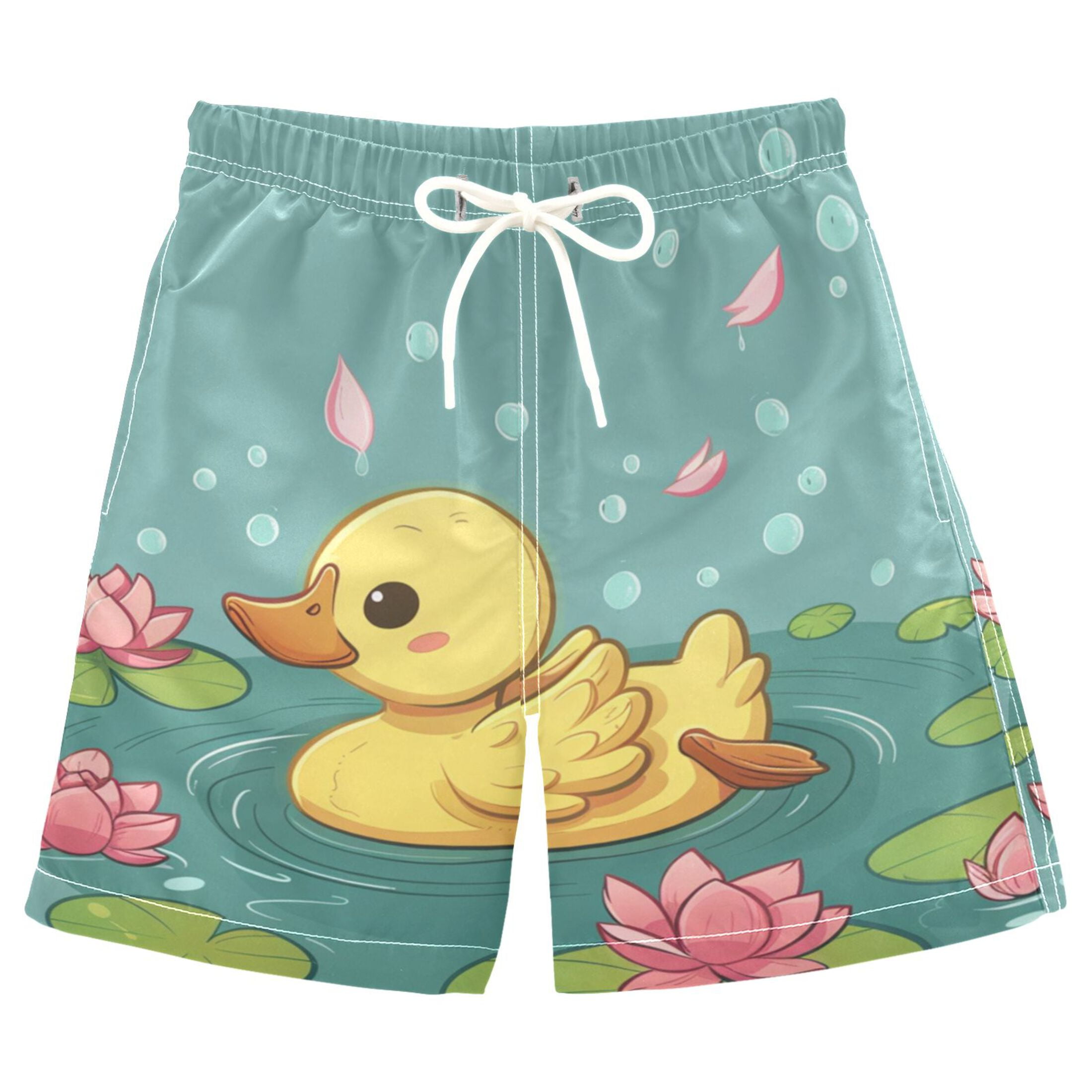 Cute Duck Swimming Flowers Leaves Bubbles Boys' Beach Pants Board ...