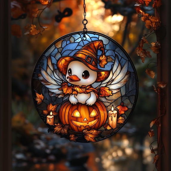 Cute Duck Witch Hat Faux Stained Glass Acrylic Suncatcher, Halloween ...