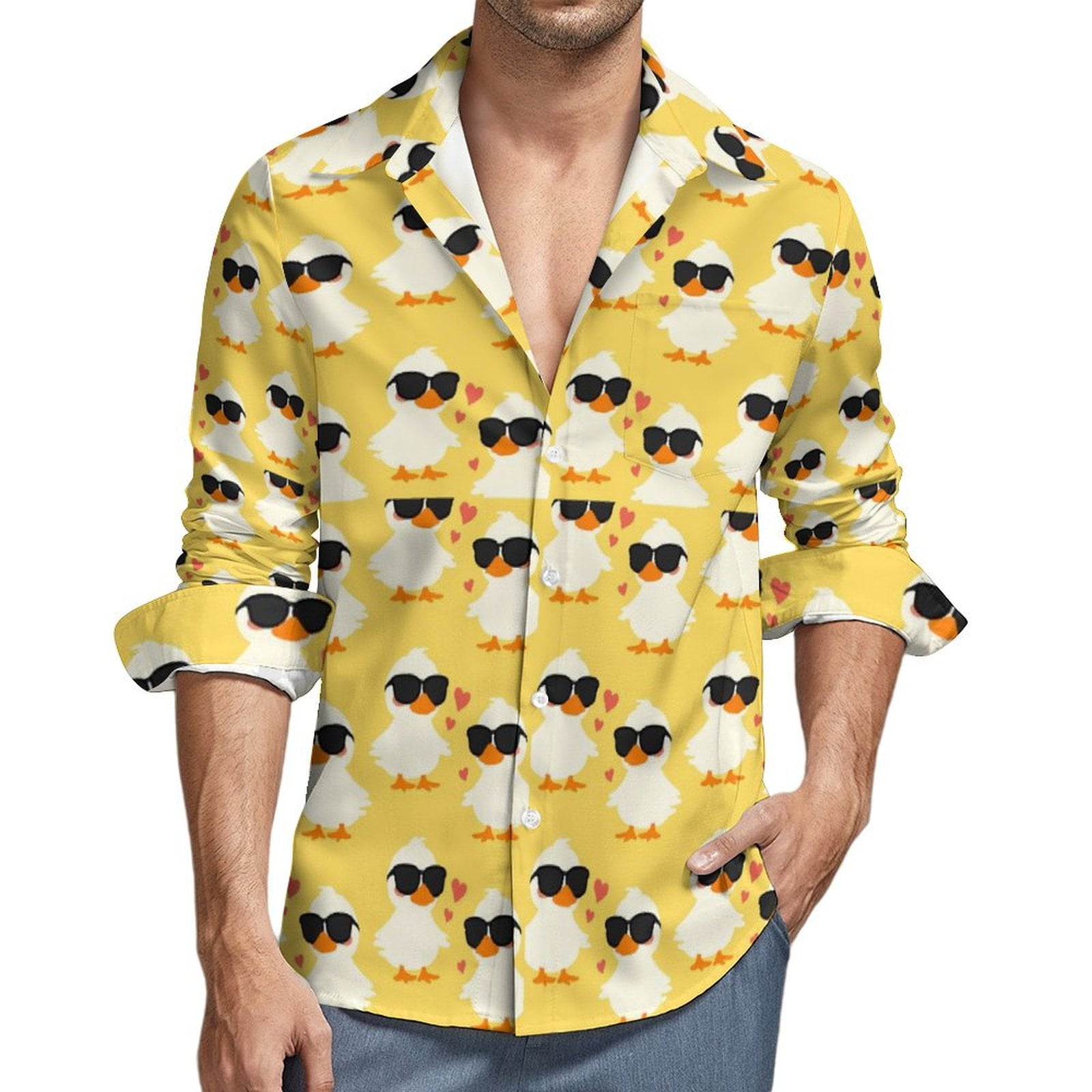 Cute Duck With Black Glasses Mens Long Sleeve Button Down Shirts ...