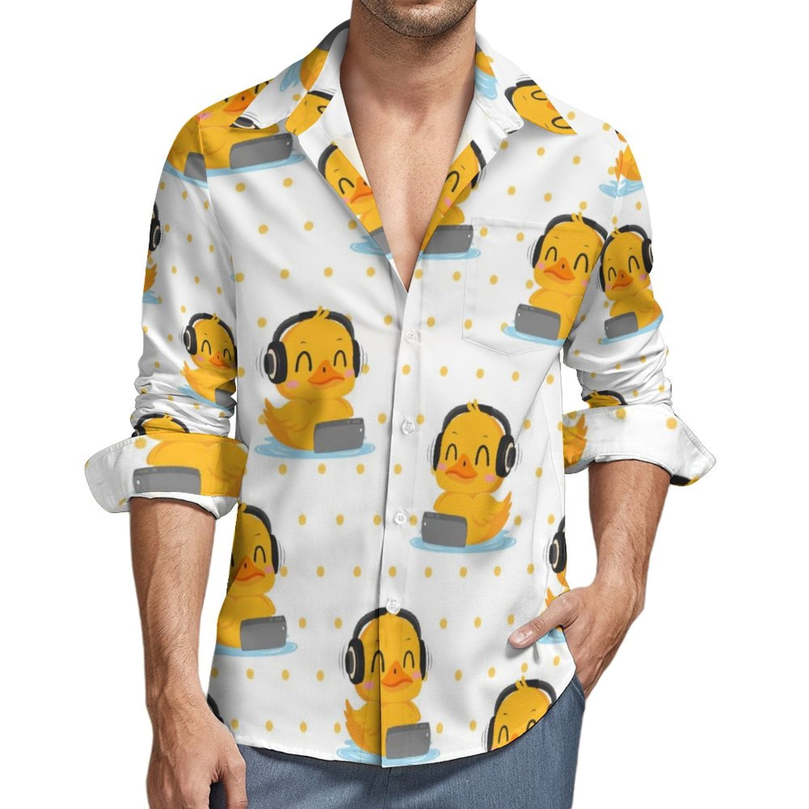 Cute Duck With Headphone Mens Long Sleeve Button Down Shirts, Casual ...