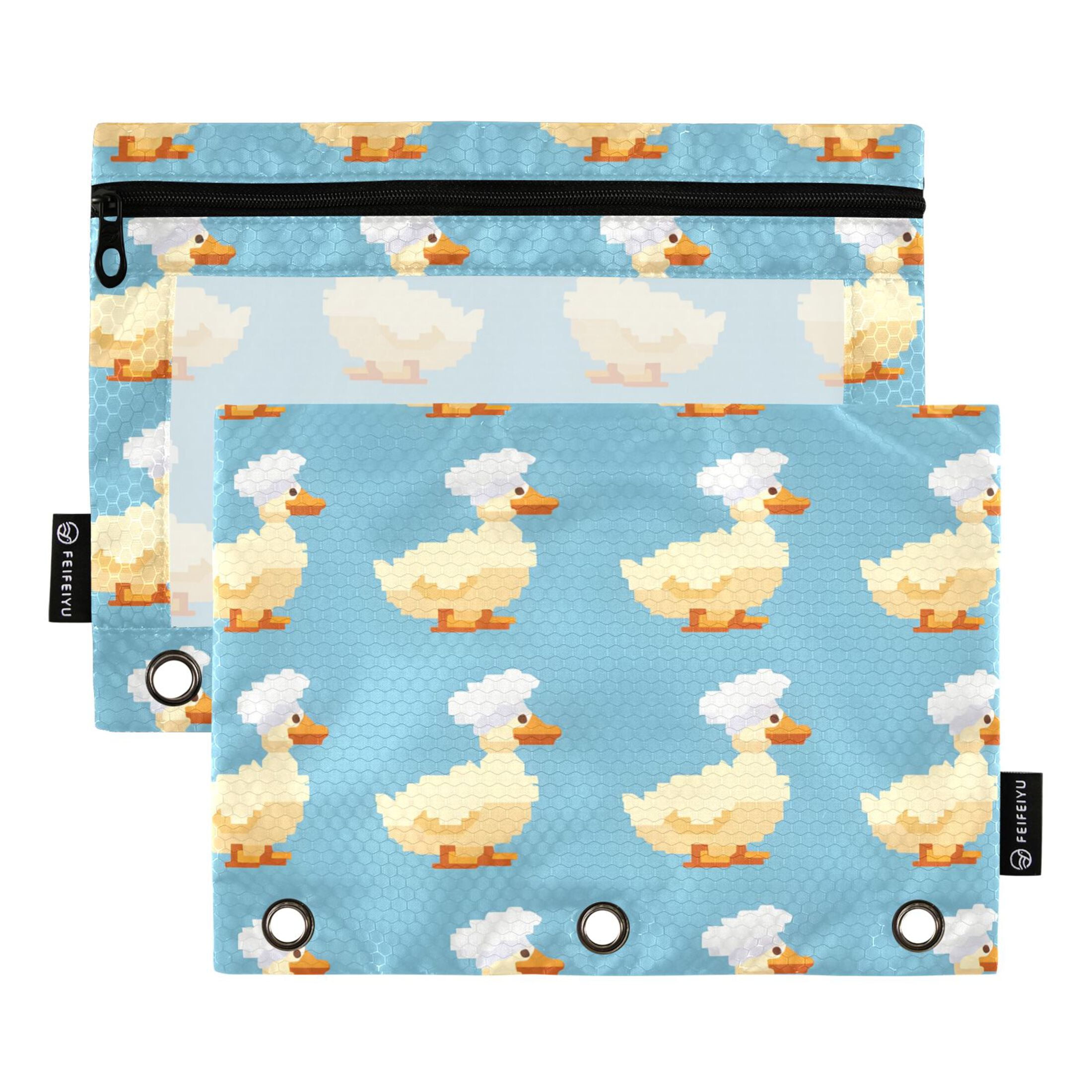 Cute Ducks Chef Hat Pixel Style Binder Pouches Zipper Pocket Document Storage 3 Rings for Office ...