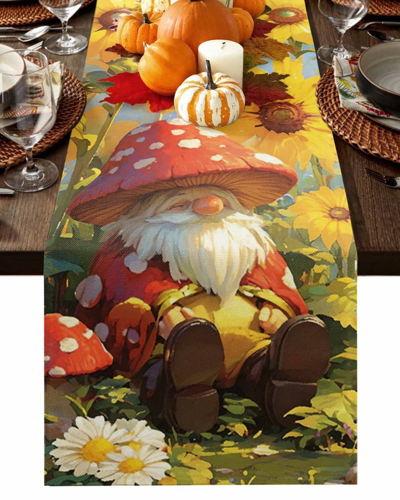 Cute Dwarf with Red Mushroom on Grass Table Runner-70 Inch Long Yellow ...