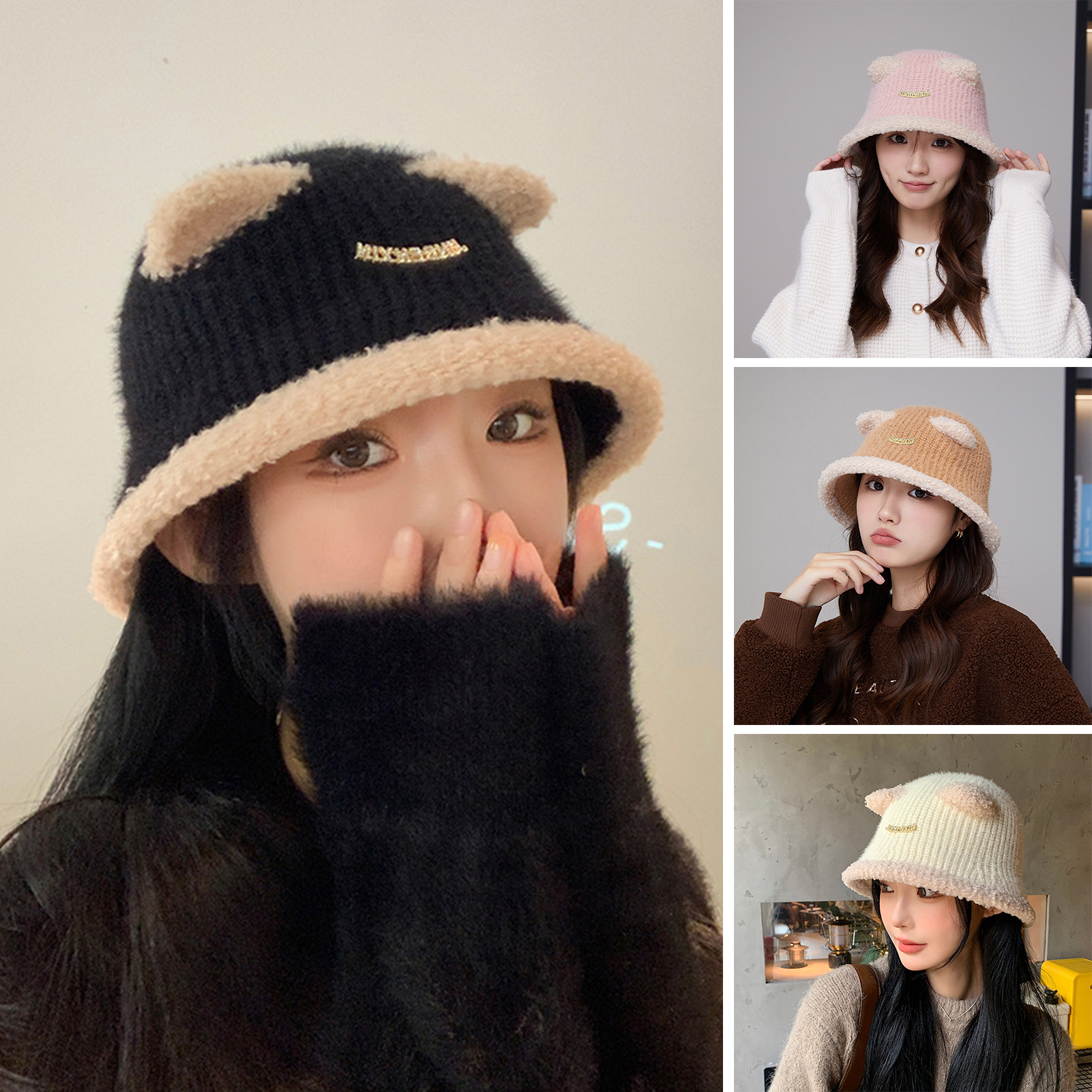 Cute Ear Decor Knitting Bucket Hat Autumn Winter Thickened Warm ...
