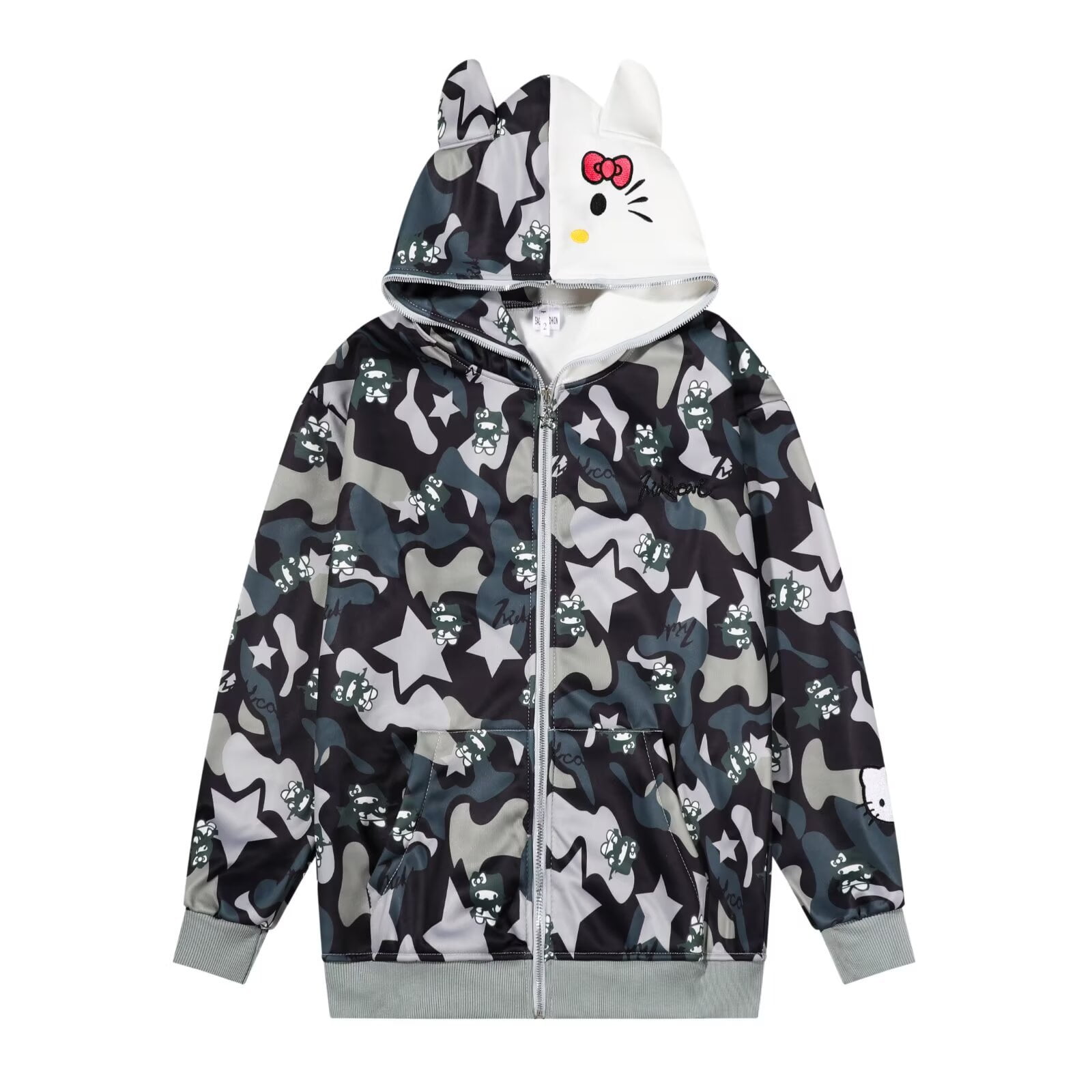 Cute Ears KT Cat Camouflage Print Hooded Sweatshirt Coat Women Zipper ...
