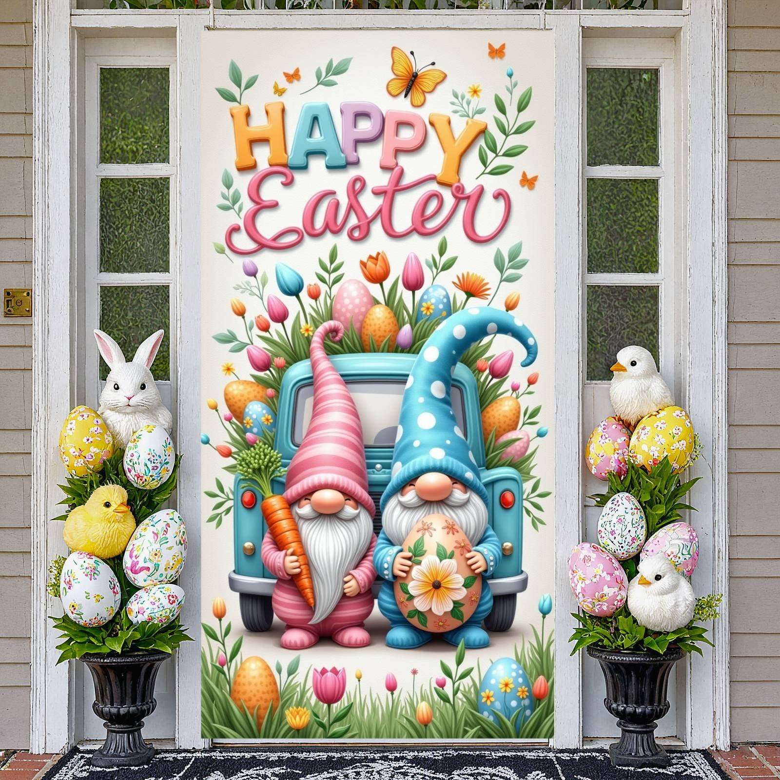 Cute Easter Banner Colorful Bunny Display Floral Pattern Festive Easter ...