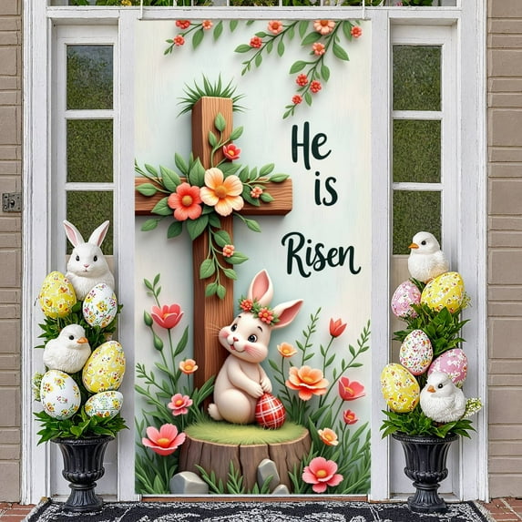 Cute Easter Banner Colorful Bunny Display Floral Pattern Festive Easter ...