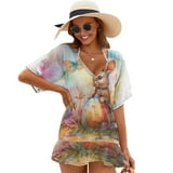 Cute Easter Bunny Butterfly Beach Cover Ups Women V Neck Short Sleeve ...