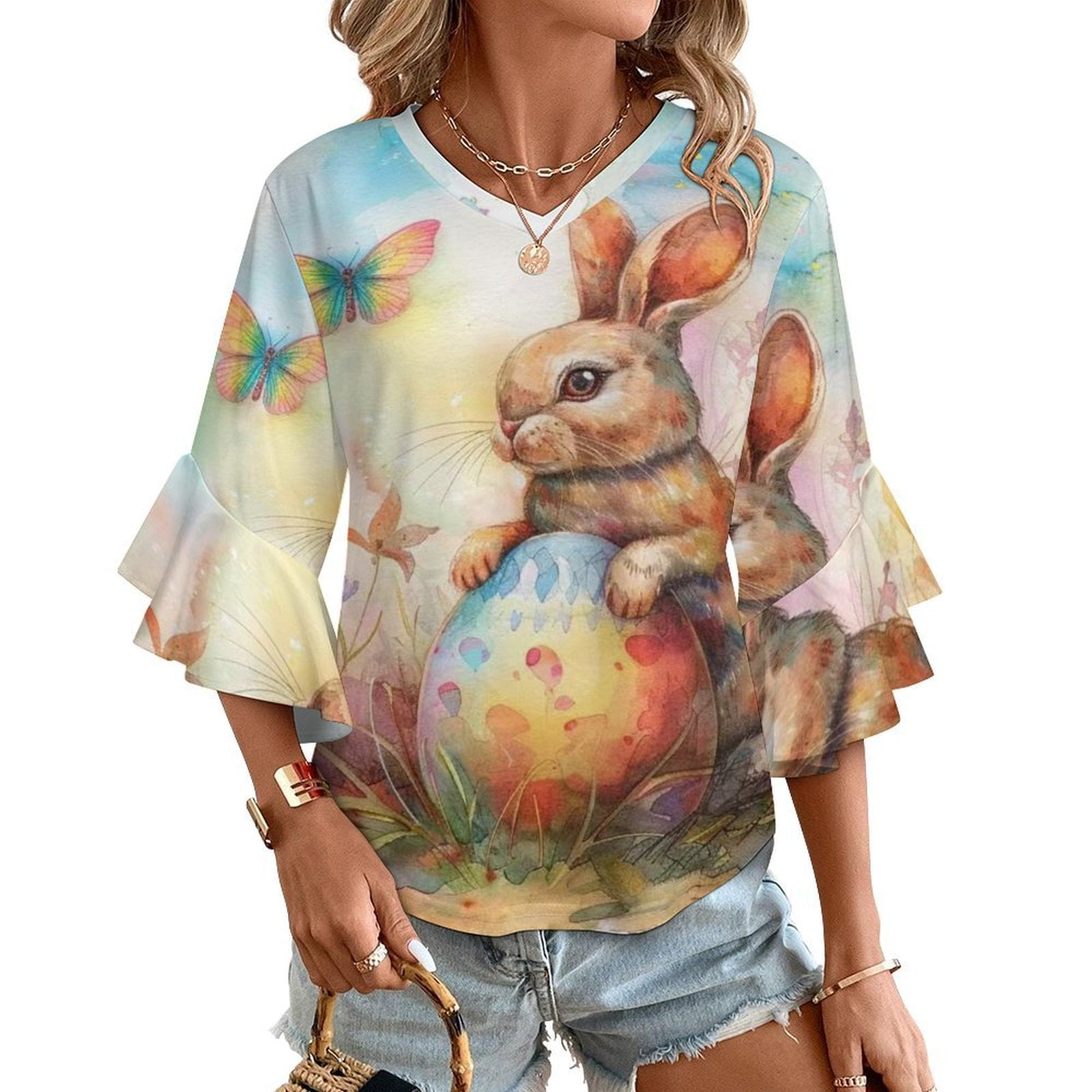 Cute Easter Bunny Butterfly Women's V-Neck Blouse With 3/4 Ruffled Bell ...