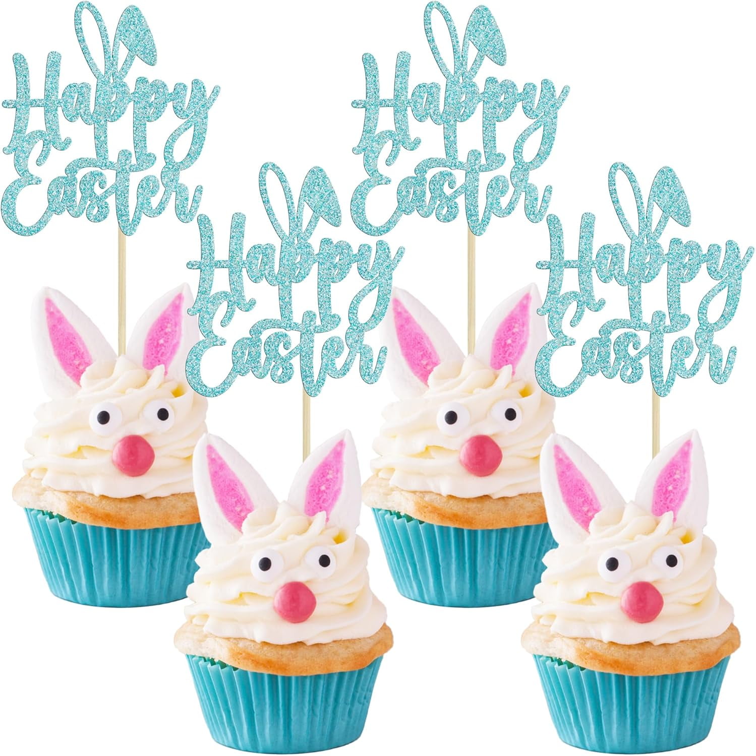 Cute Easter Bunny Ear Cake Pick Decorations - Glitter Cupcake Toppers ...