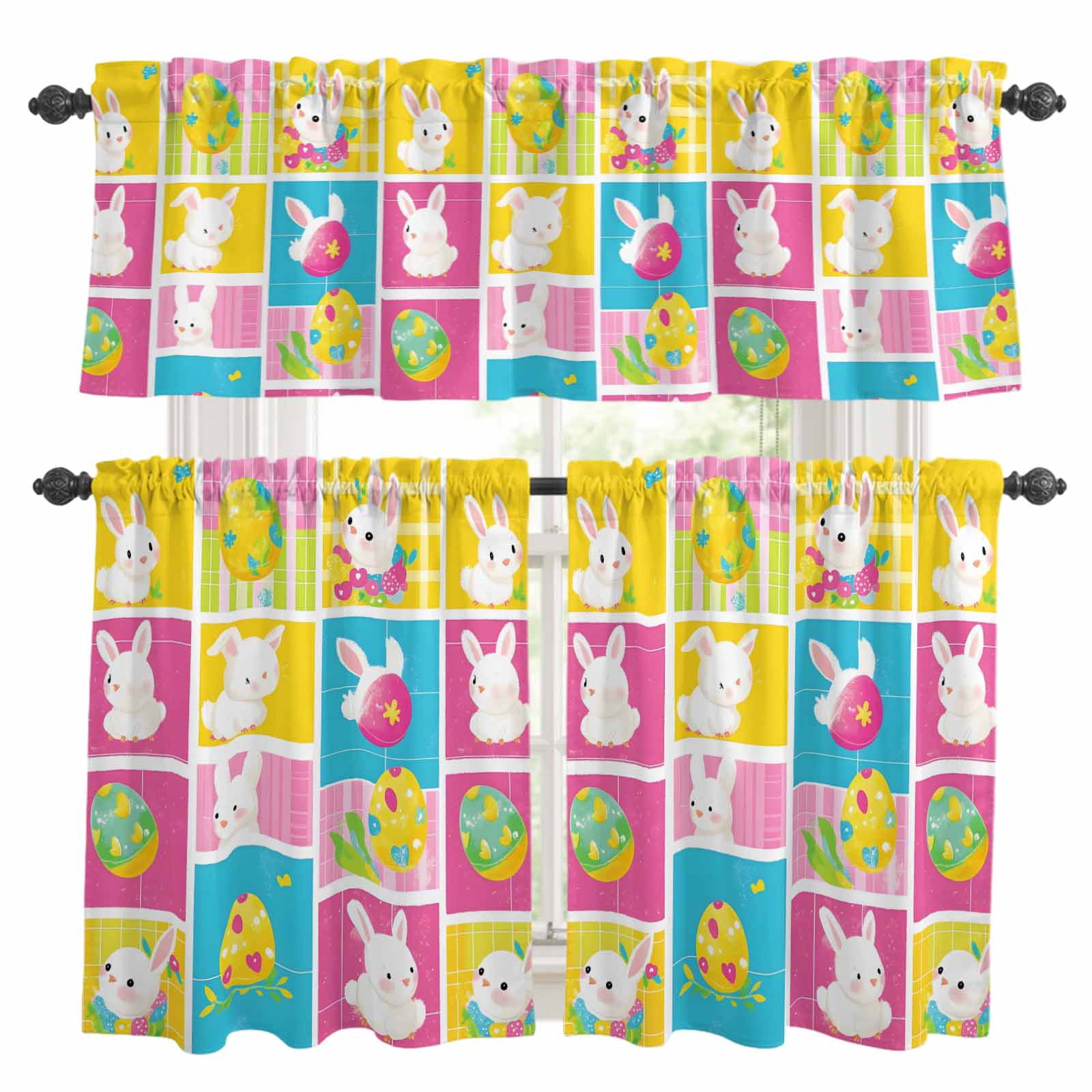 Cute Easter Bunny Kitchen Curtains and Valances Set, Easter Eggs Pink ...