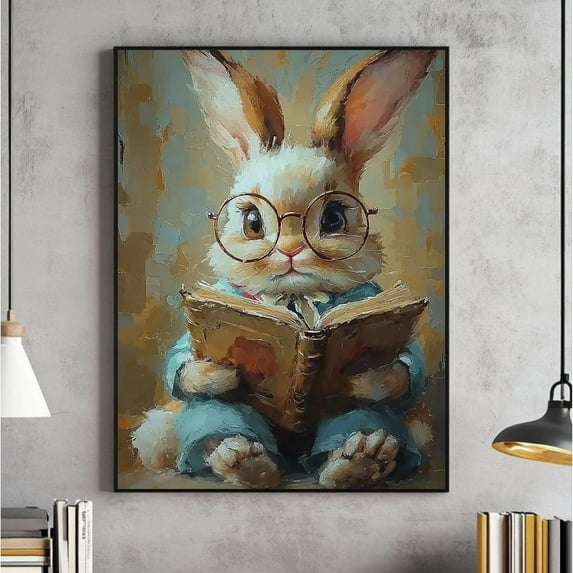 Cute Easter Bunny Reading Book Print Wall Art, Tiny Rabbit Big Glasses ...