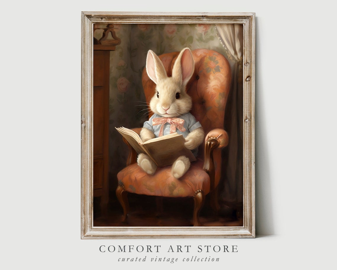 Cute Easter Bunny Spring Print Easter Bunny Reading Book Easter Rabbit ...