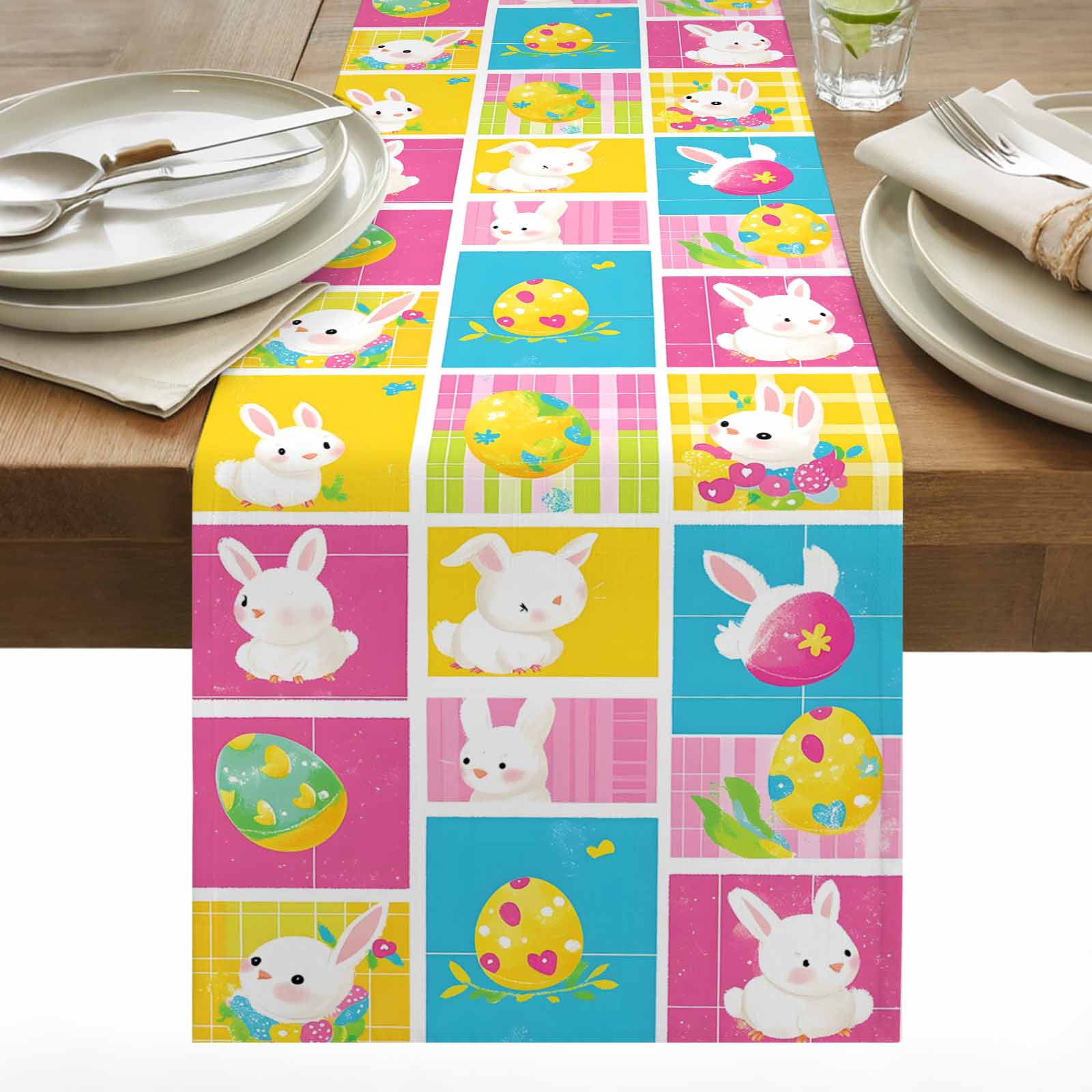 Cute Easter Bunny Table Runner 13x36 inch Easter Eggs Cotton Linen ...