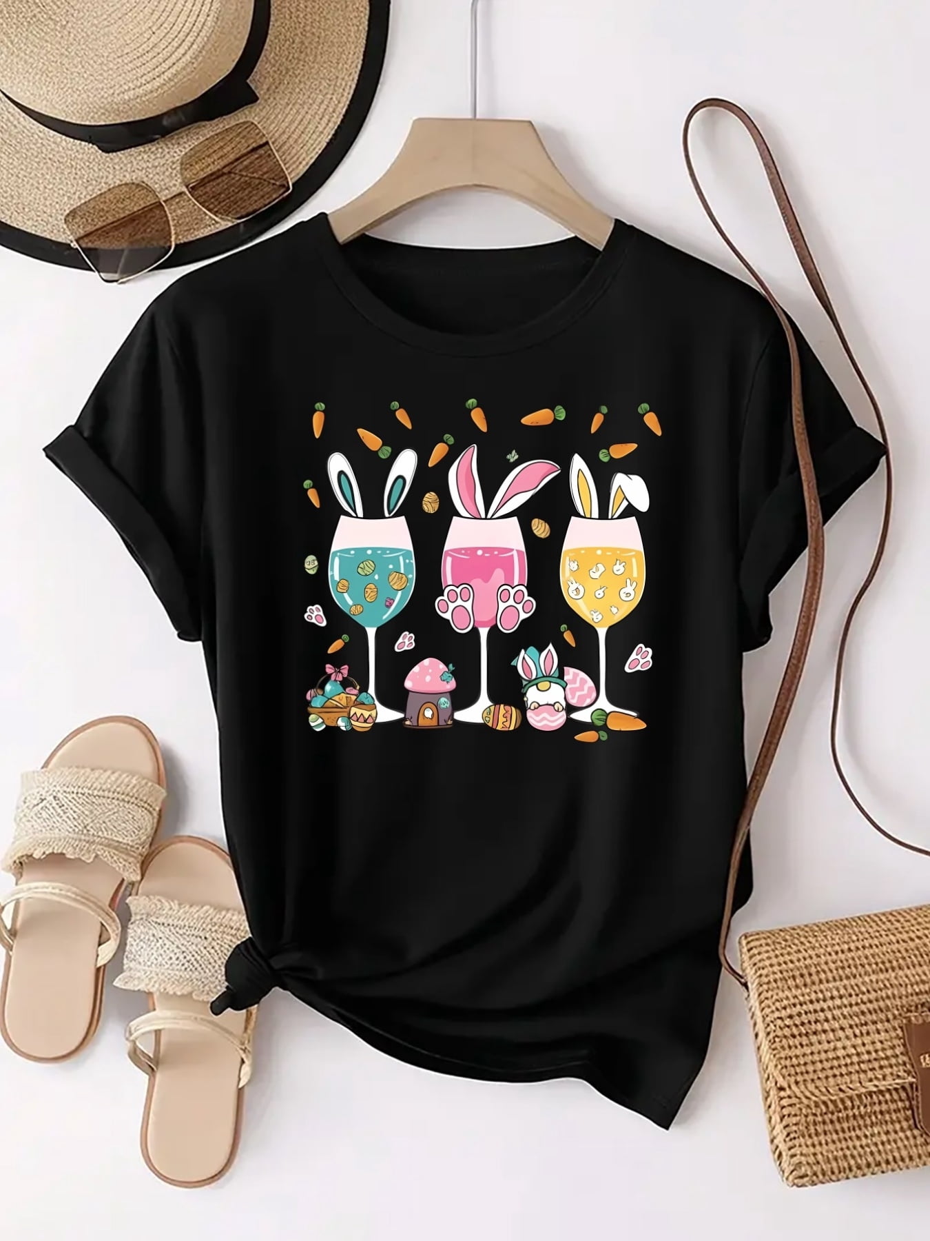 Cute Easter Bunny Wine Glass Graphic Holiday Party Tee Women - Walmart.com