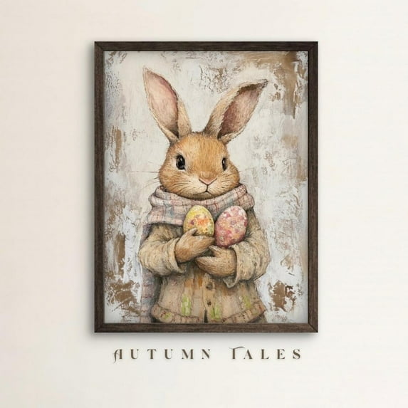 Cute Easter Bunny and Easter Egg Wall Art Print, Brown Rabbit Easter ...