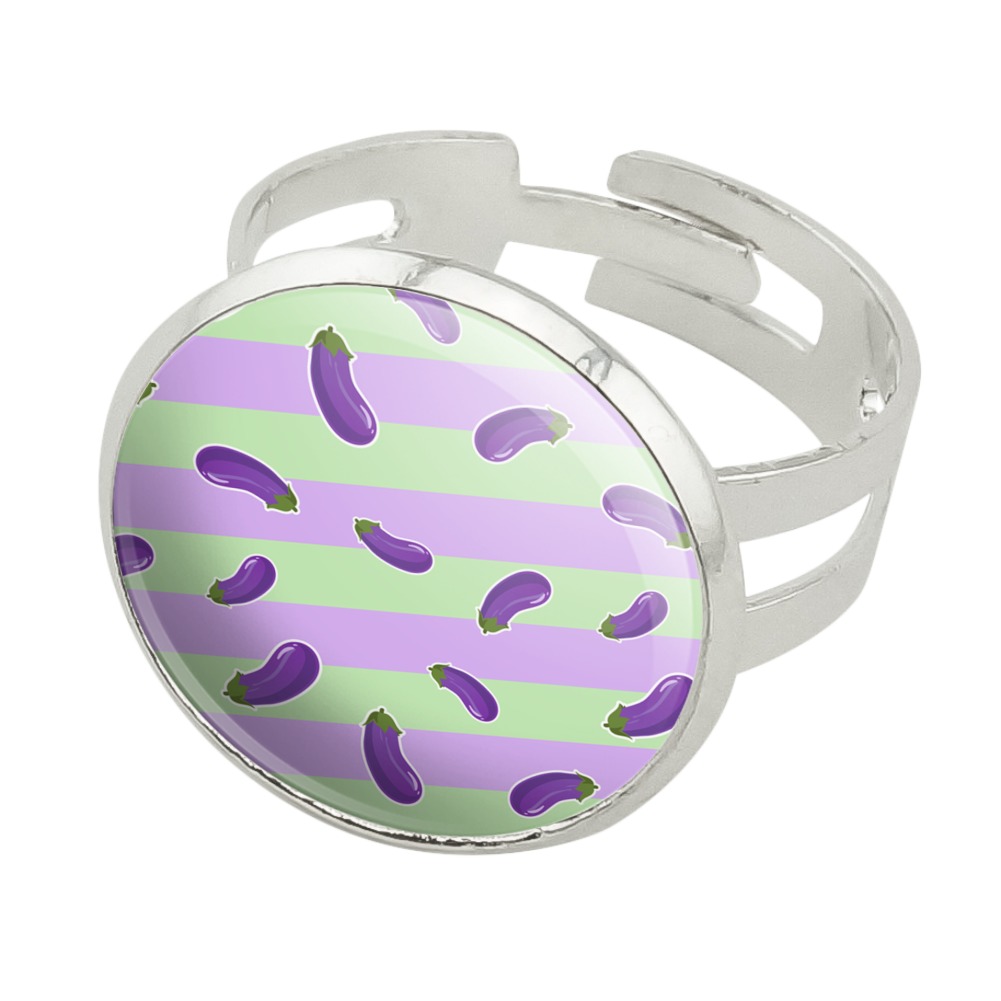 Cute Eggplant Aubergine on Stripes Pattern Silver Plated Adjustable ...