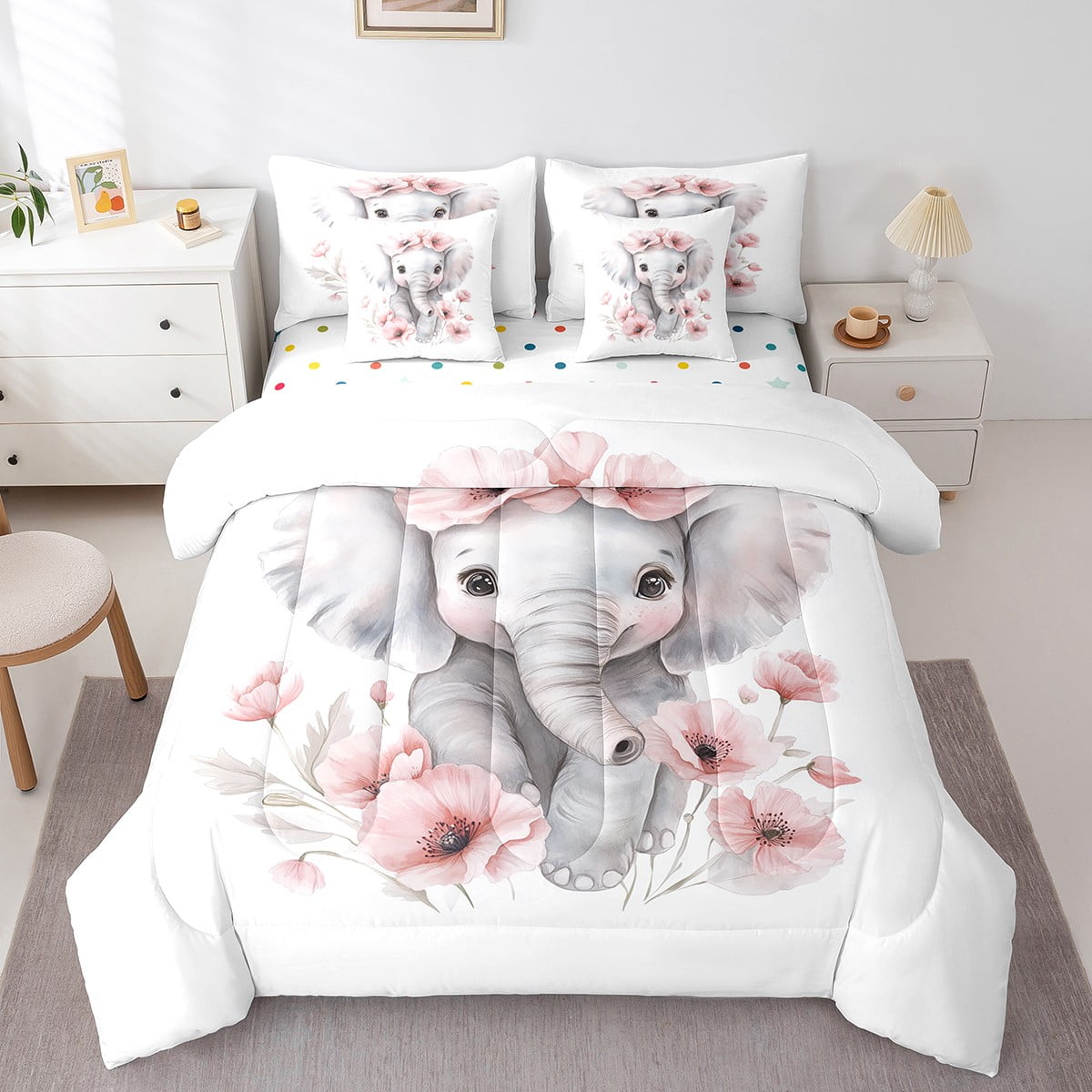 Cute Elephant 7 Pieces Bed In A Bag Pink Flowers Decor Bedding Set ...