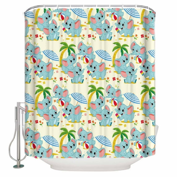 Cute Elephant Beach Bathroom Shower Curtains with 12 Hooks Polyester ...