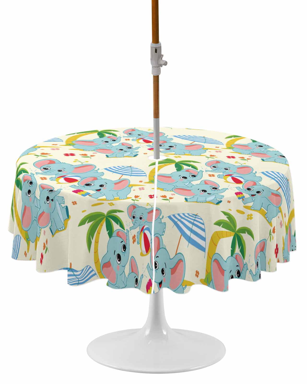 Cute Elephant Beach Round Outdoor Tablecloth, Waterproof Table Cloth ...