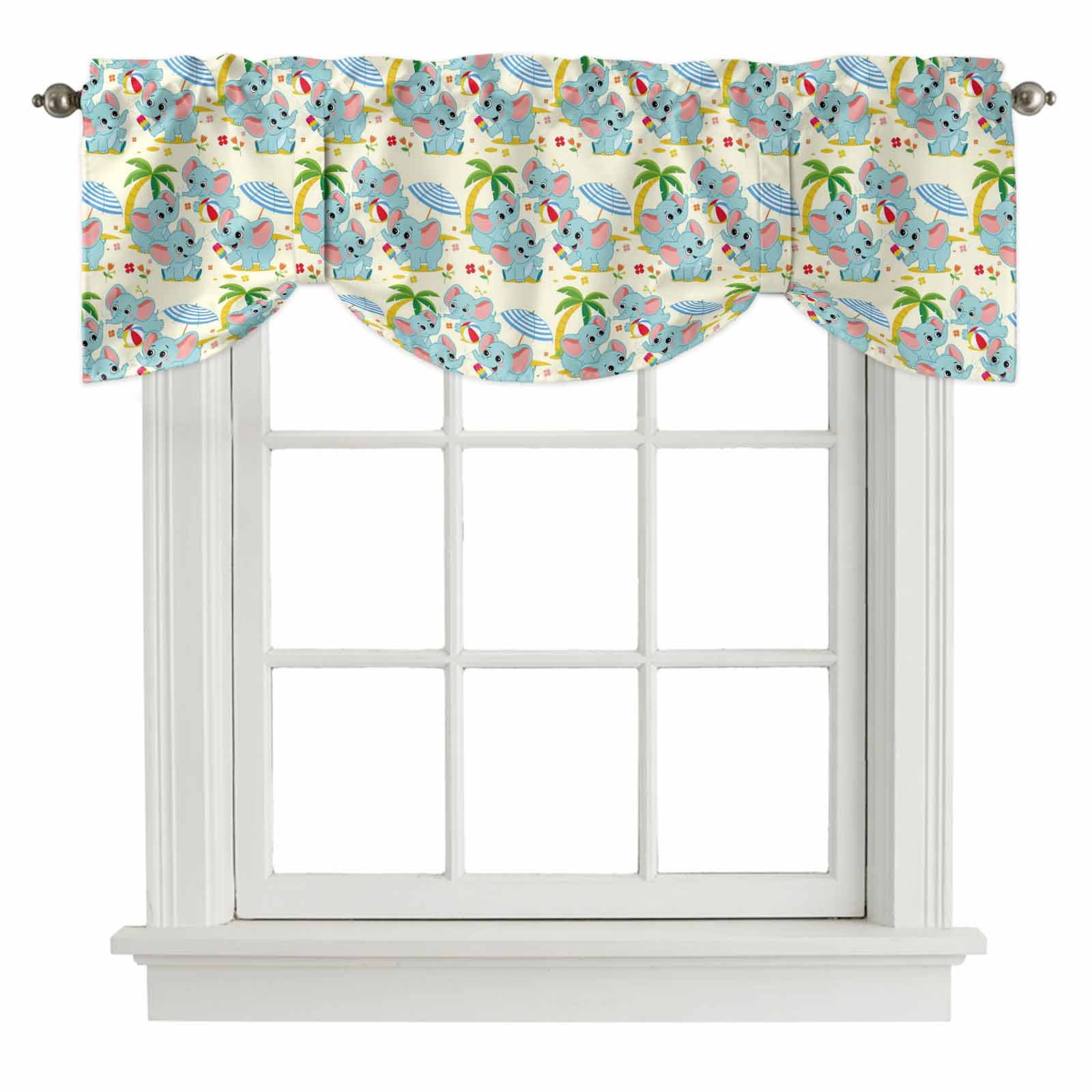 Cute Elephant Beach Tie Up Valance Curtains for Windows, Kitchen ...