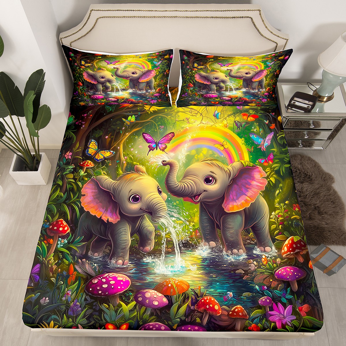 Cute Elephant Bed Sheets Queen Size Kawaii Dreamy Style Fitted Sheet ...