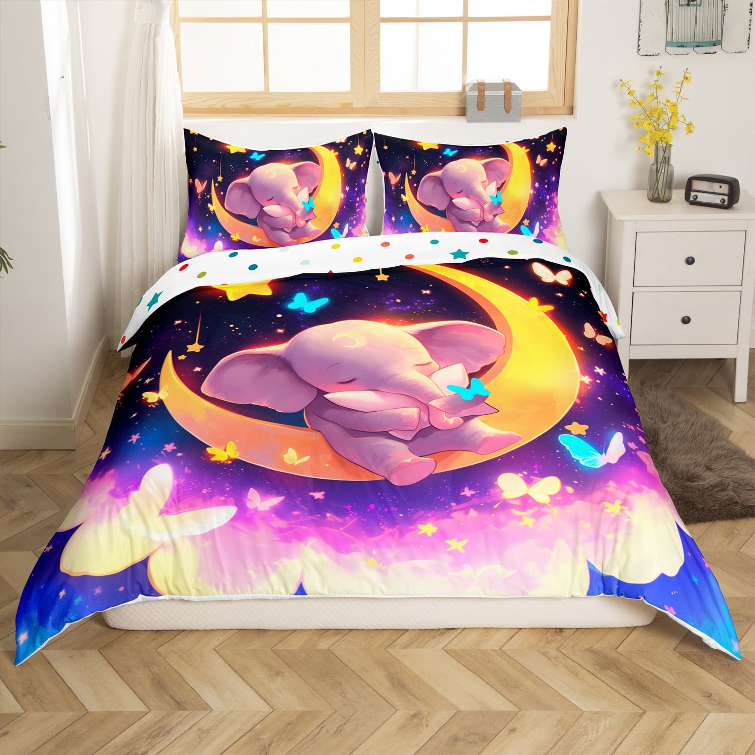 Cute Elephant Bedding Sets Dreamy Style Duvet Cover Starry Sky Print ...