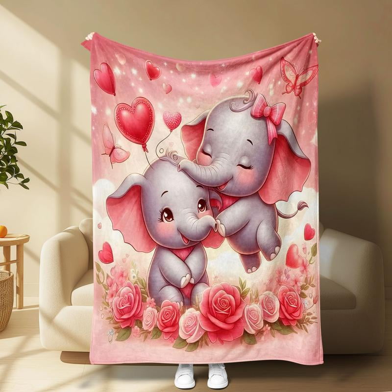 Cute Elephant Blanket with Rose Heart Butterfly Design, Cozy Throw for ...