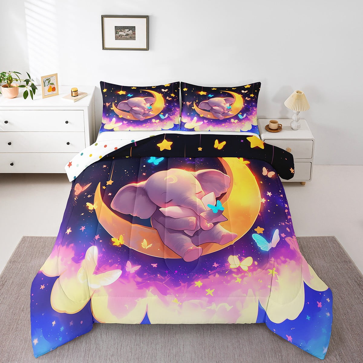 Cute Elephant Comforter Set Twin Size Dreamy Style Bedding Sets Starry ...