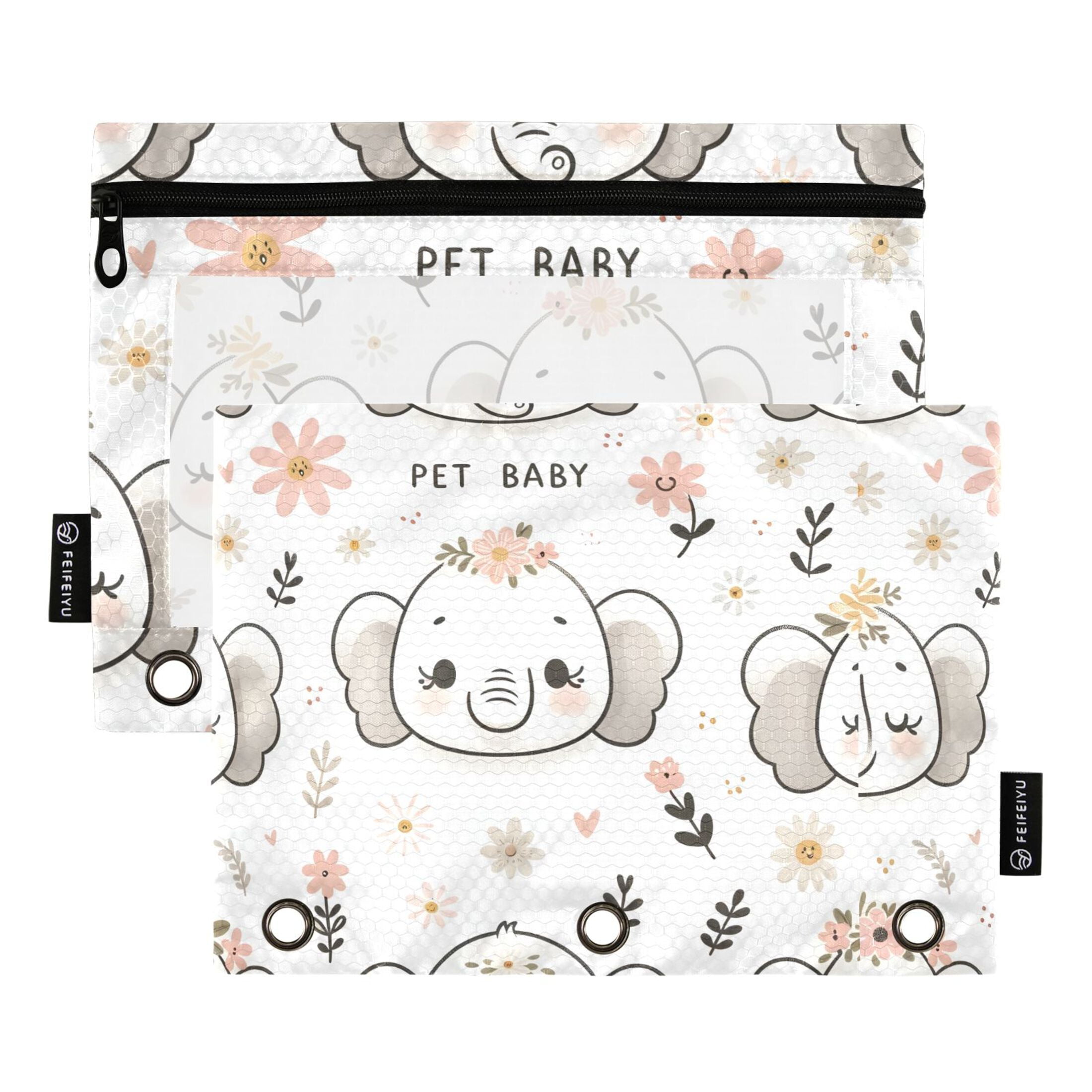 Cute Elephant Heads Face 2 Pack Pencil Pouch for 3 Ring Binder Smooth ...