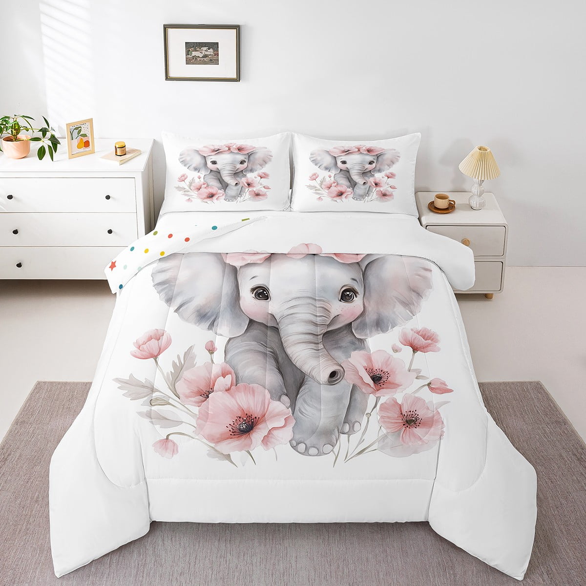 Cute Elephant Kids Down Comforter Pink Flowers Decor Bedding Sets For ...