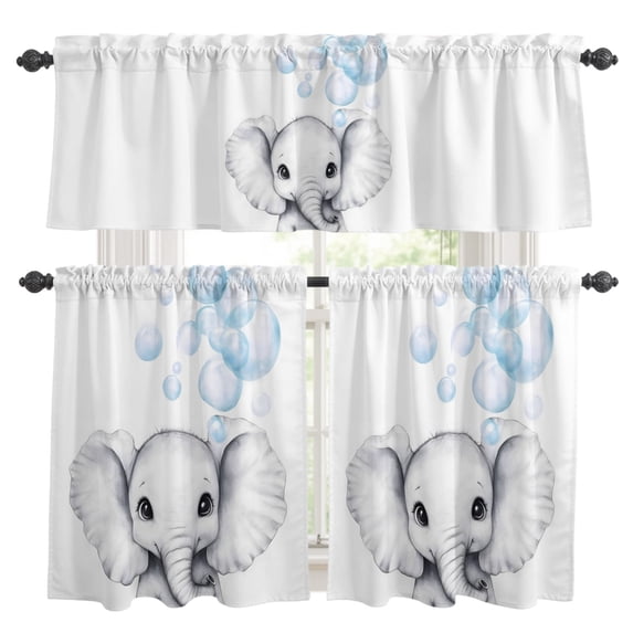 Cute Elephant Kitchen Curtains Set for Windows, Blue Watercolor Bubbles ...