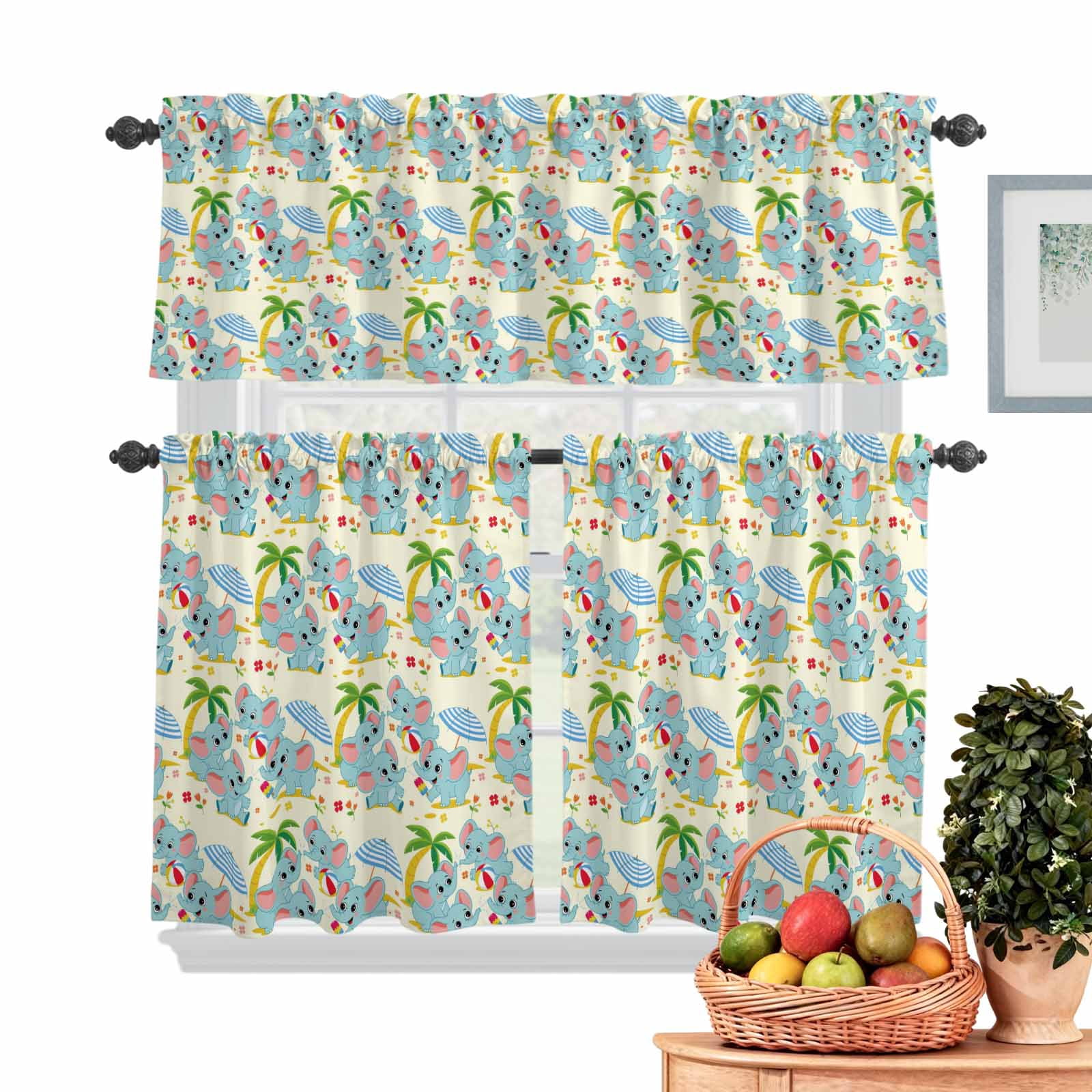 Cute Elephant Kitchen Curtains Valances 3 Piece Set, Cartoon Summer ...